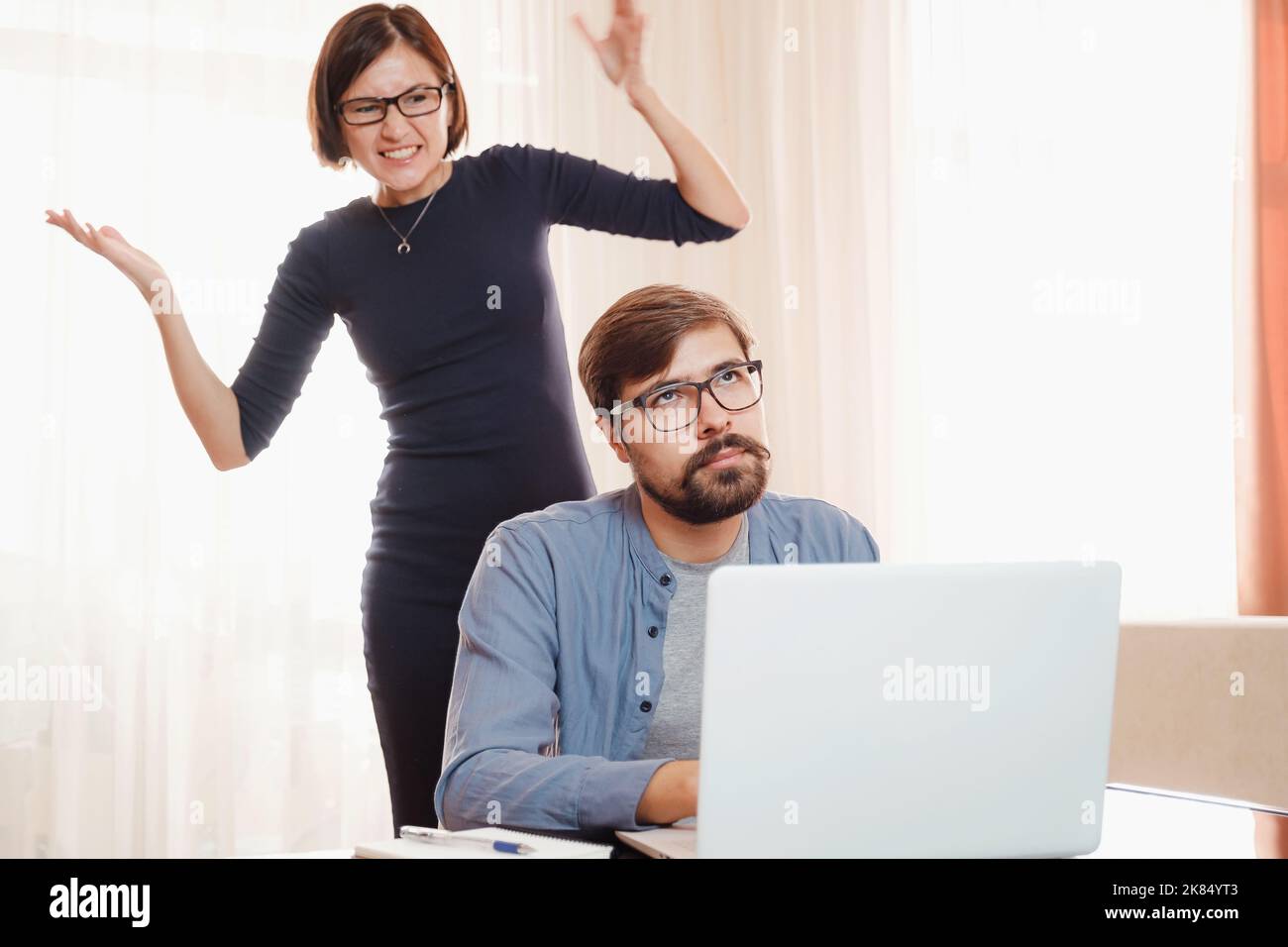 Portrait of attractive mad furious coworkers having fight crisis ...
