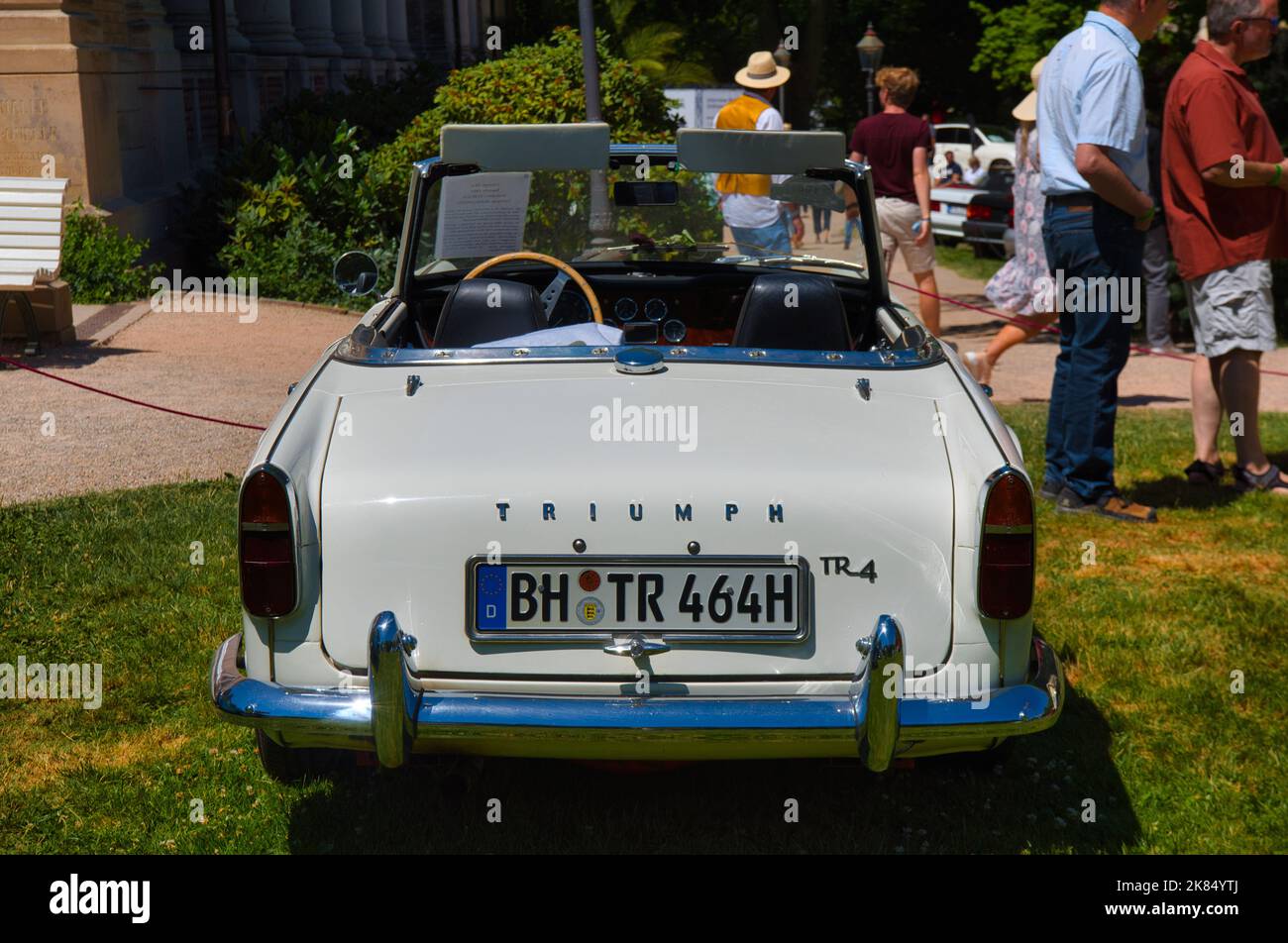 BADEN BADEN, GERMANY - JULY 2019: white TRIUMPH TR4 TR5 cabrio roadster ...