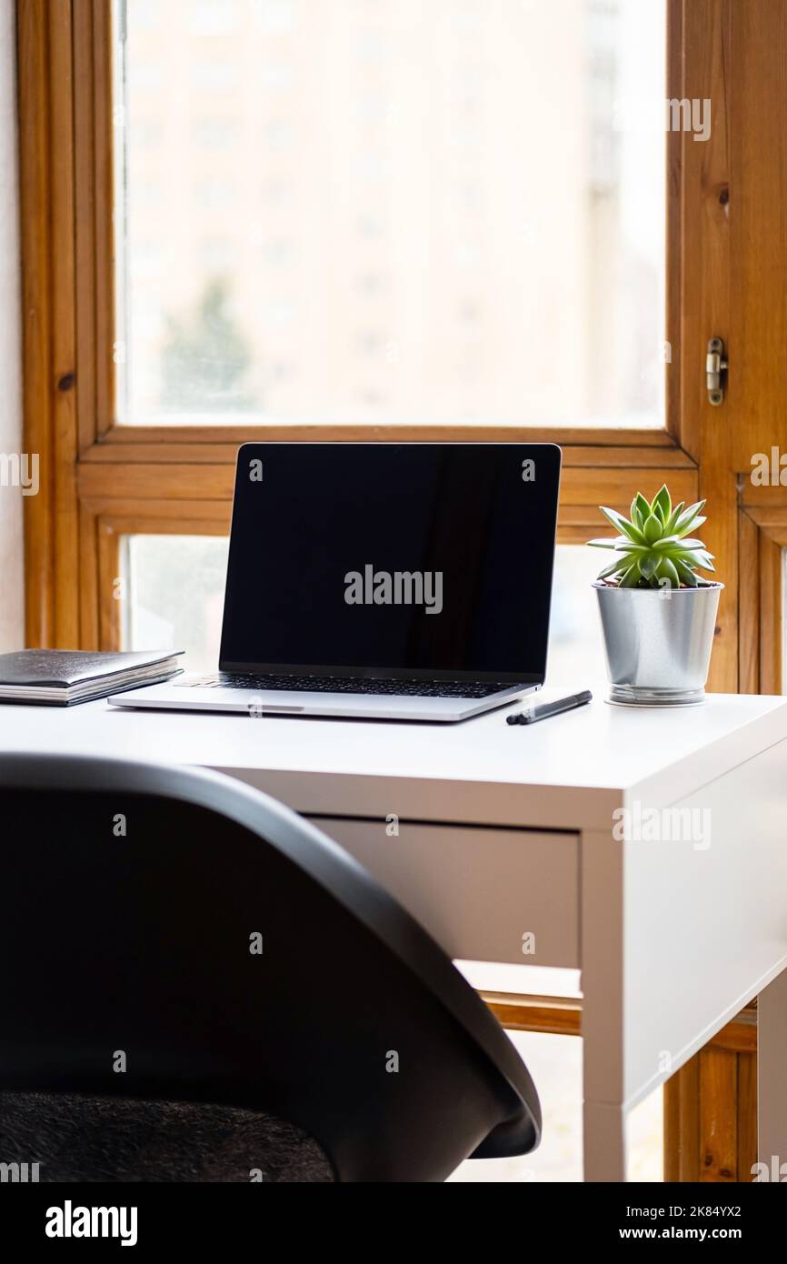 Cozy workplace on balcony. Home office space background Stock Photo - Alamy
