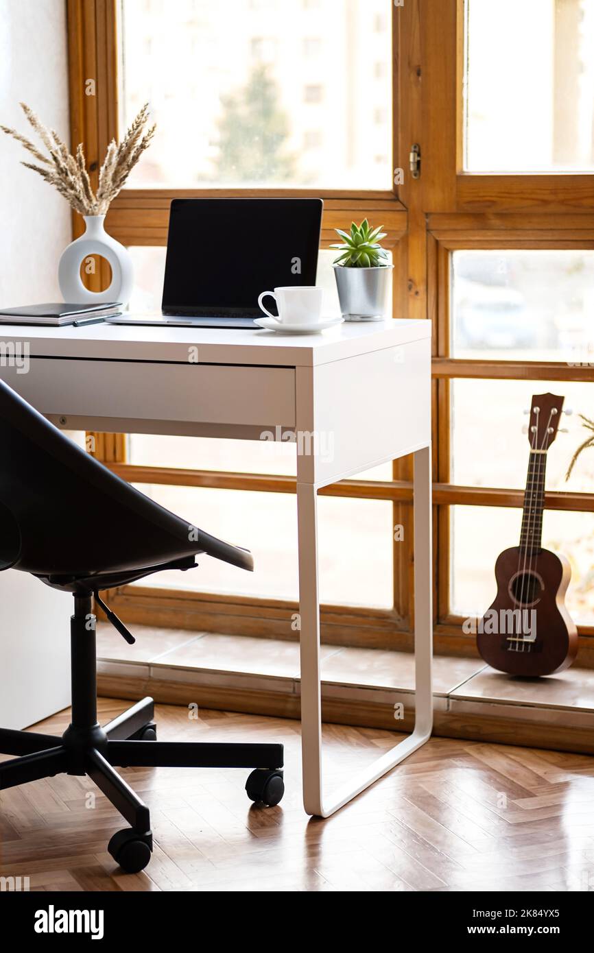 Cozy workplace on balcony. Home office space background Stock Photo - Alamy