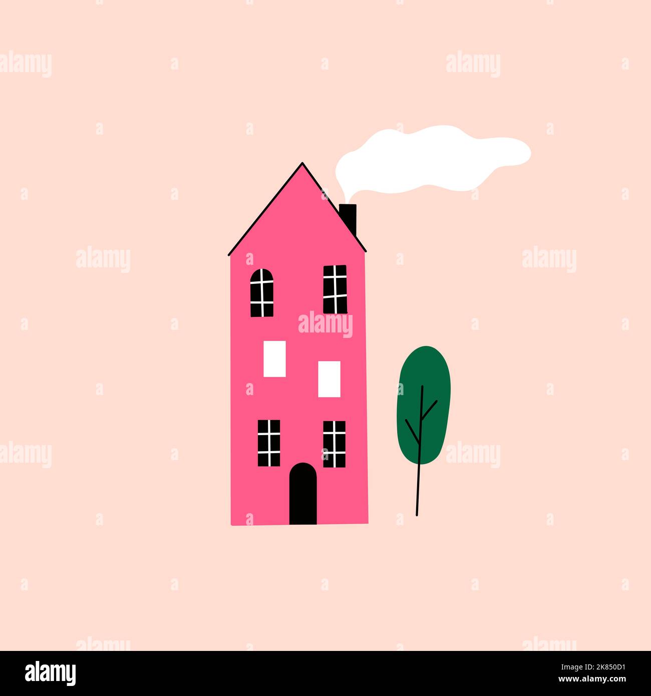 Doodle building. Cute small house and garden. Vector flat apartments ...