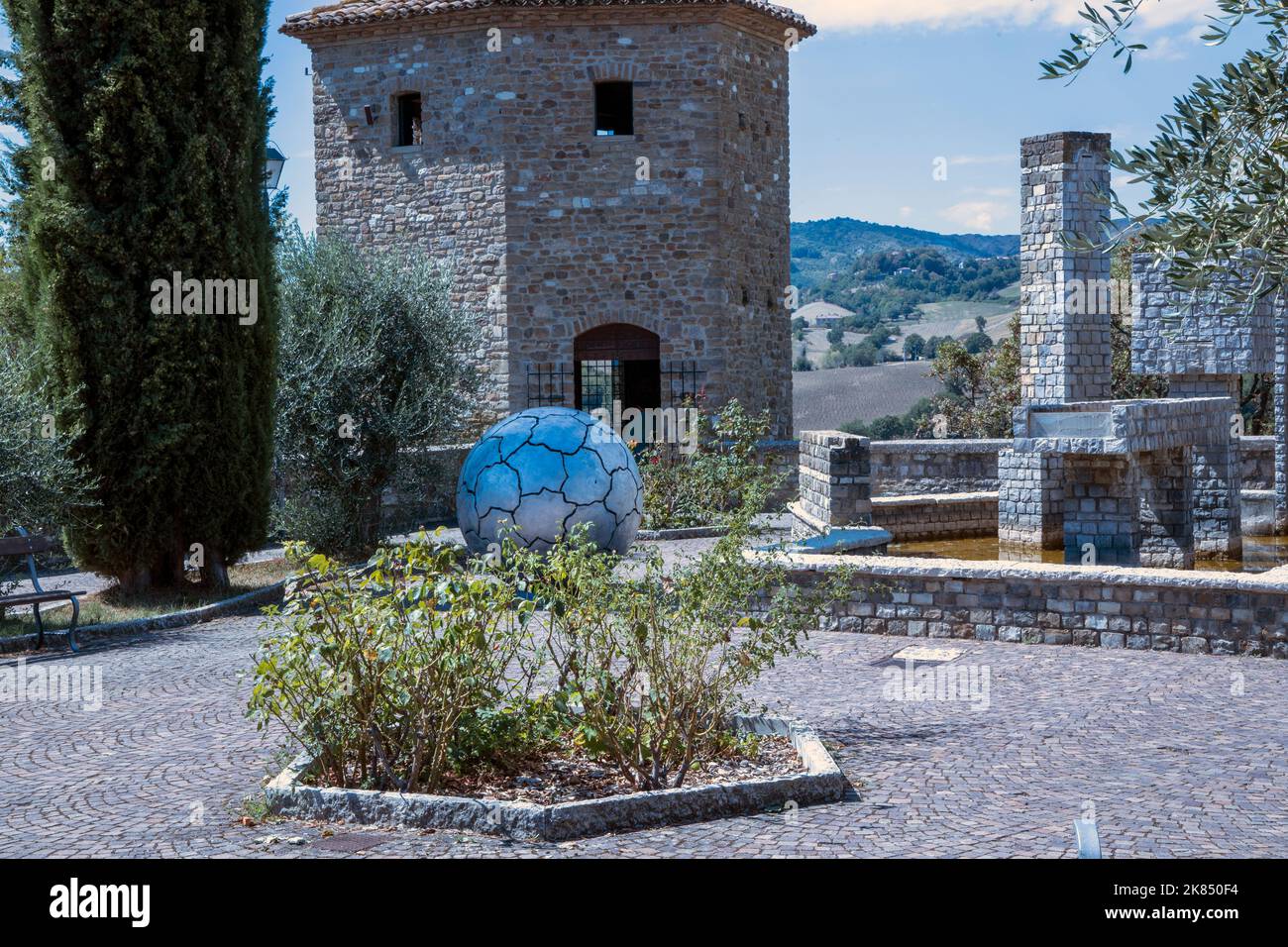 Tower and Fountain sculpture of Franco Assetto, Frontino, Pesaro Urbino ...