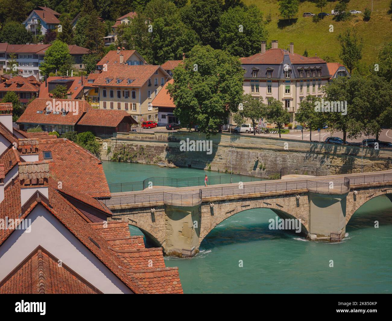travel to Bern, Switzerland in summer. View of the river Aare. The old ...