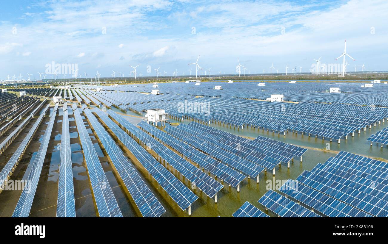HAI'AN, CHINA - OCTOBER 21, 2022 - Aerial photo shows a photovoltaic ...