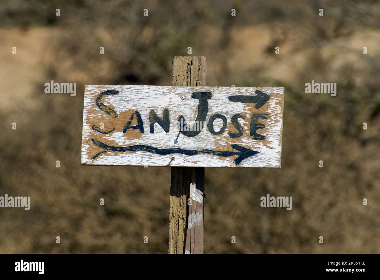 Direction sign on dirt road near Santa Cruz Zacaticas east of San Jose ...
