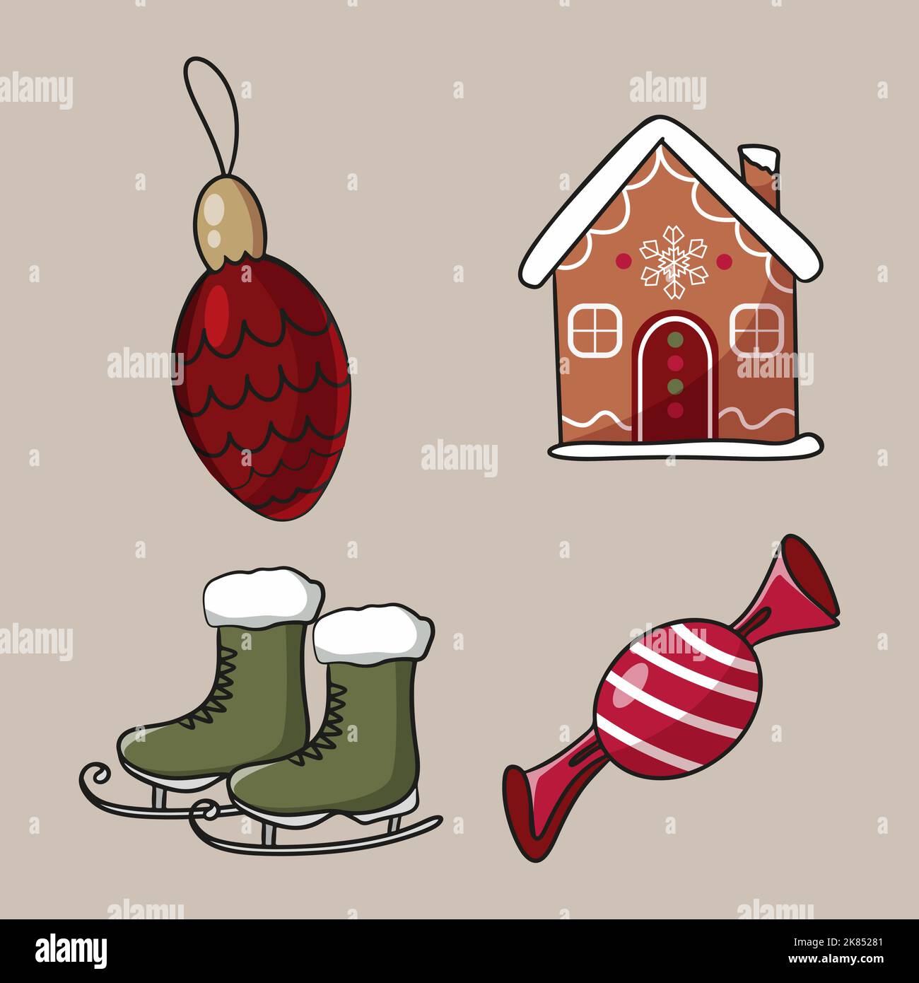 collection of cartoon christmas elements gingerbread house skates cone ...