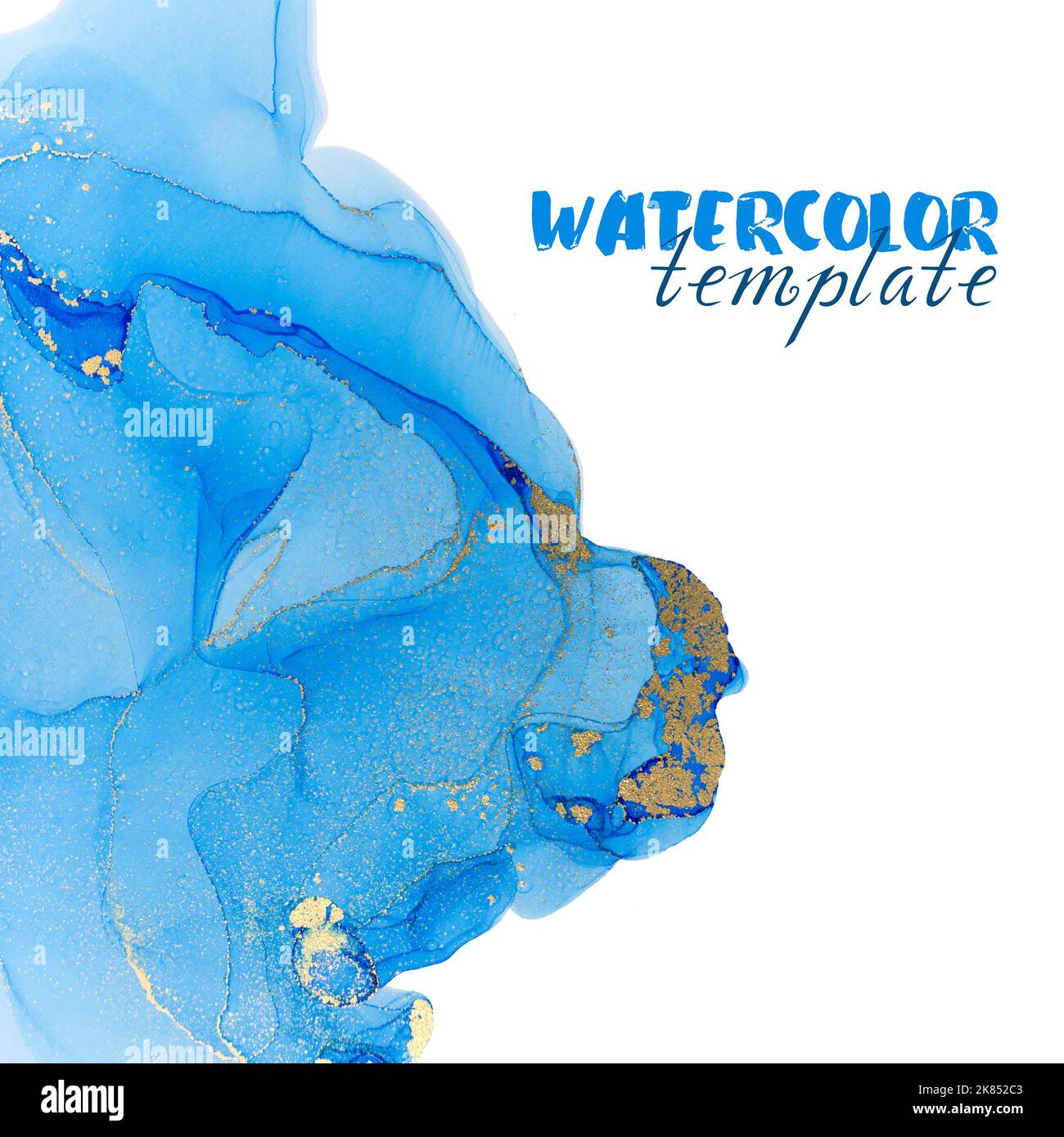 Blue watercolor spots with gold inclusions isolated on white background ...