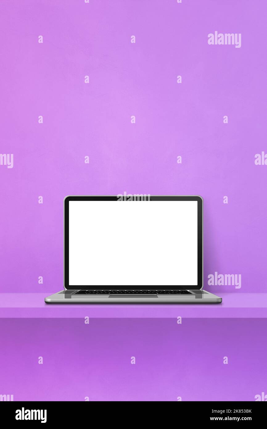 Laptop computer on purple shelf. Vertical background. 3D Illustration ...