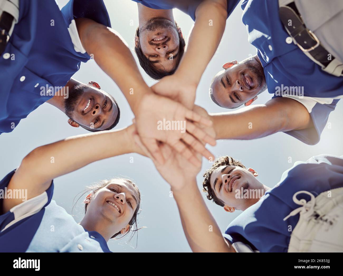 Support, motivation and hands of team of baseball people from bottom ...