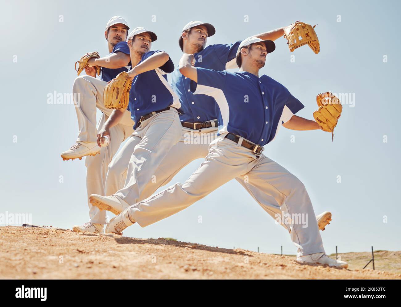 Men pitcher, baseball and athletes training for a sports game together ...