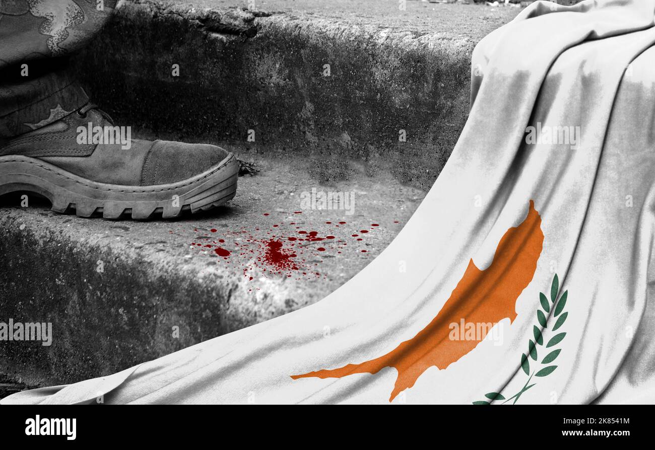 The leg of the military stands on the step next to the flag of Cyprus ...