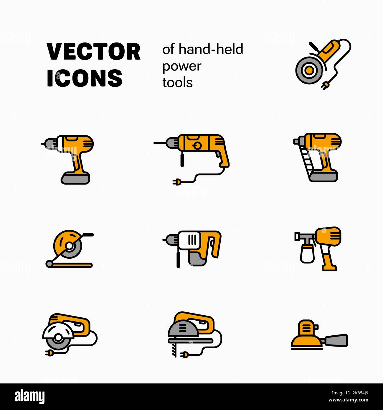 Vector linear illustration of hend-held power tools, isolated on white ...