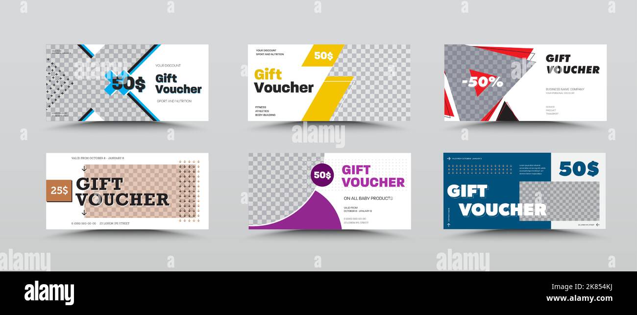Layout of white gift vouchers with geometric color design and place for ...