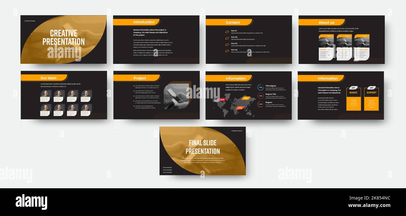 Infographic Slide template with orange illustration on black background ...