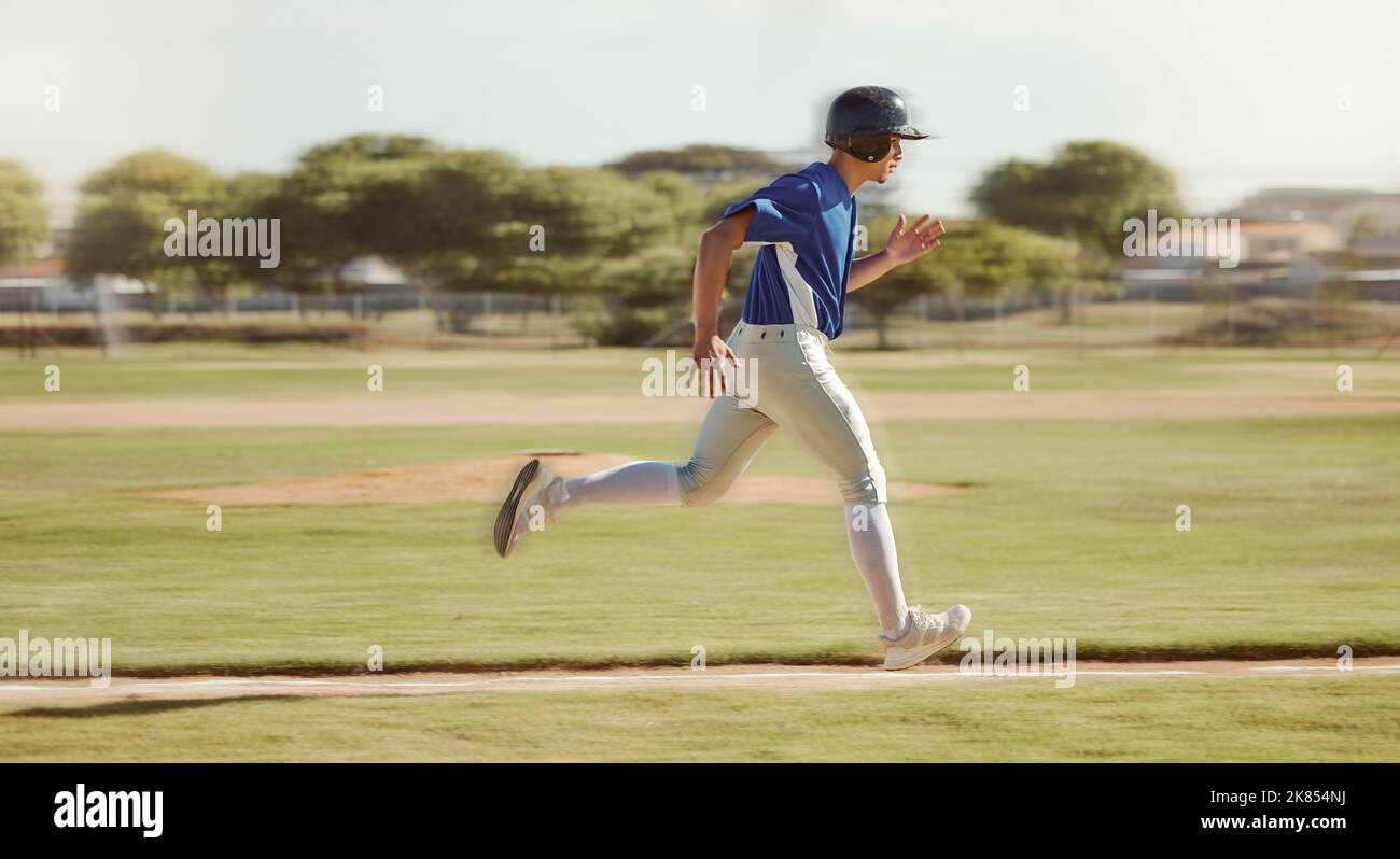 Baseball, sports and man running on a field during a game, professional ...