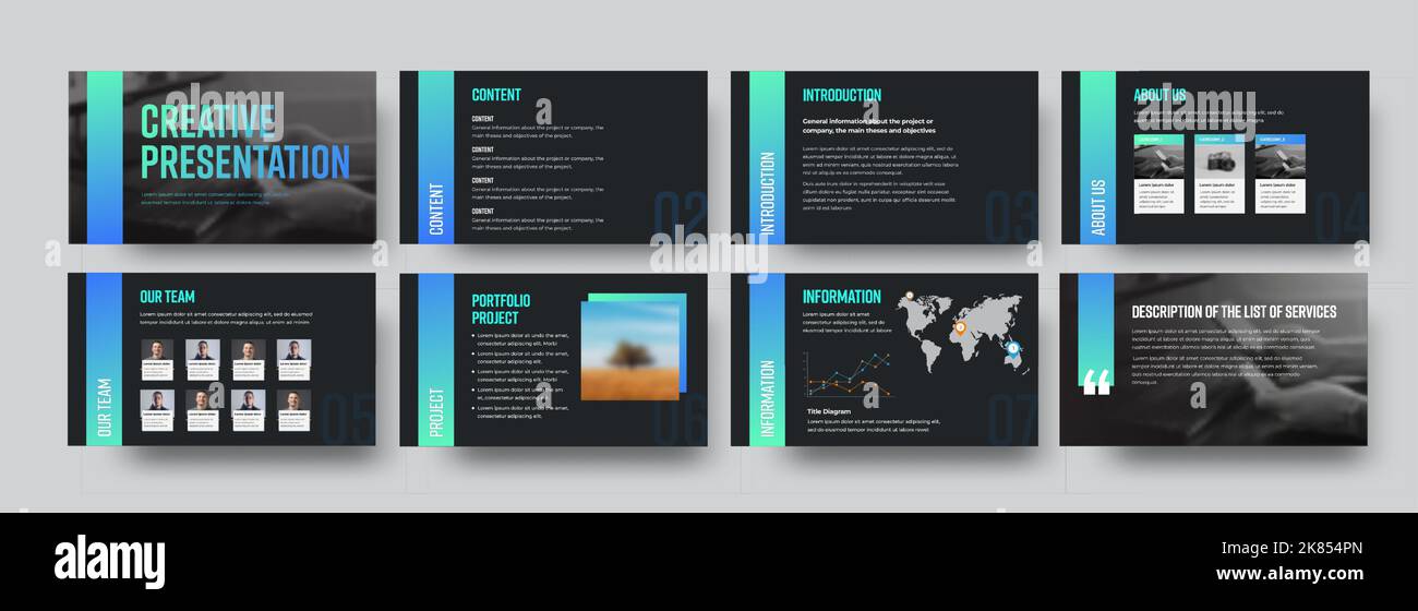 Vector black slide template with gradient color lines, content ...