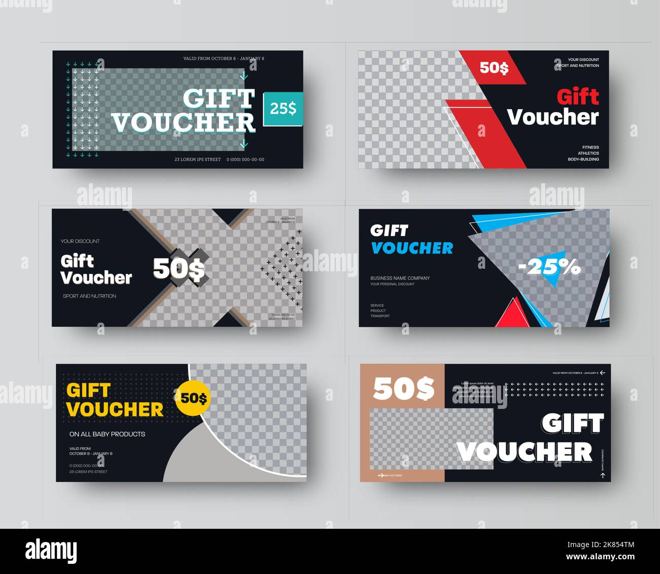 Black gift voucher template with colored geometric elements, realistic ...