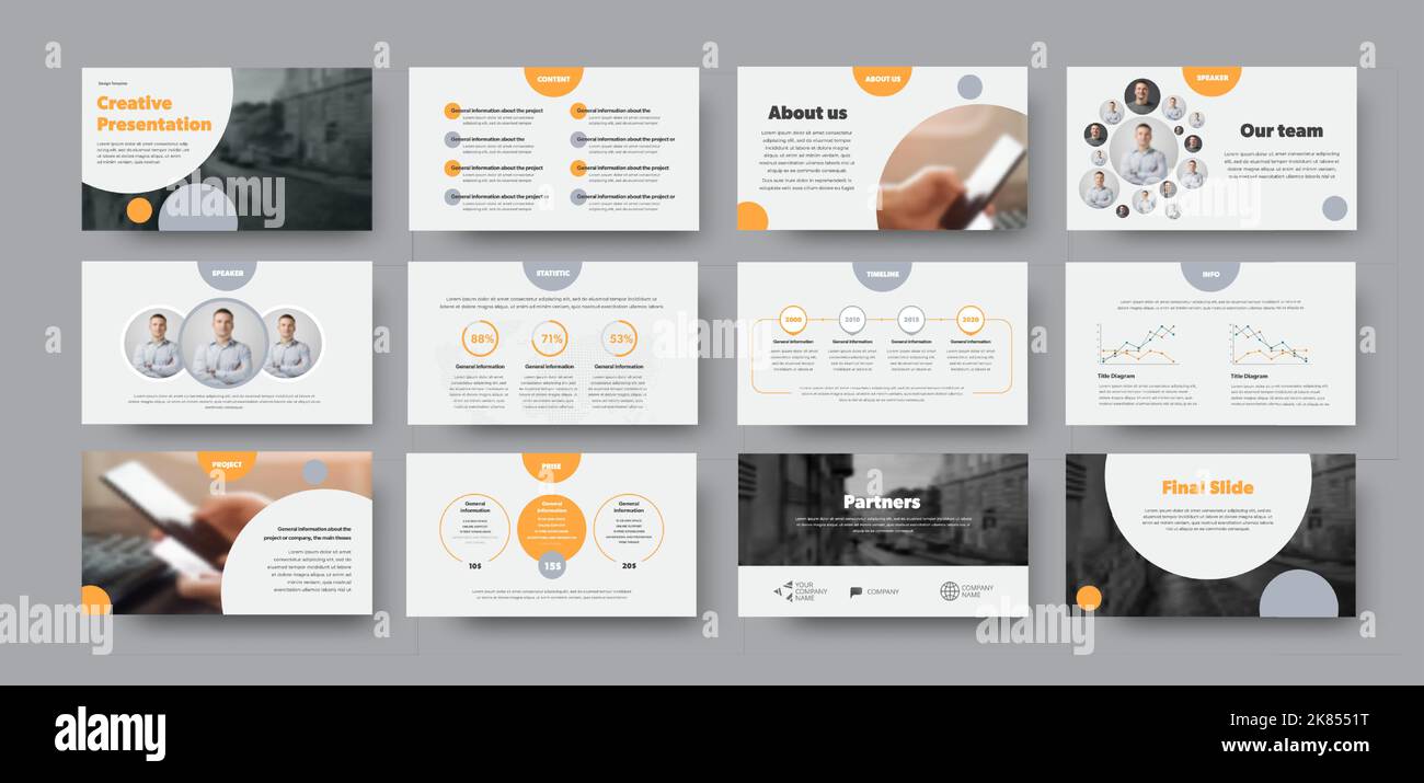 Business slide vector template with orange circles on white background ...
