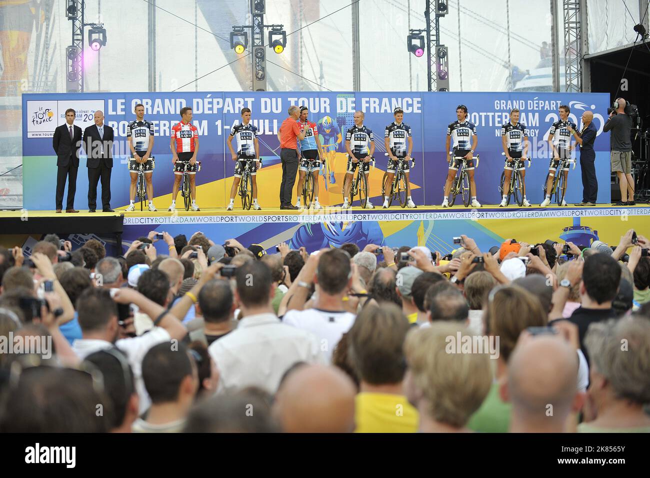 Team Saxo Bank lines up for the opening Team Presentation Stock Photo ...
