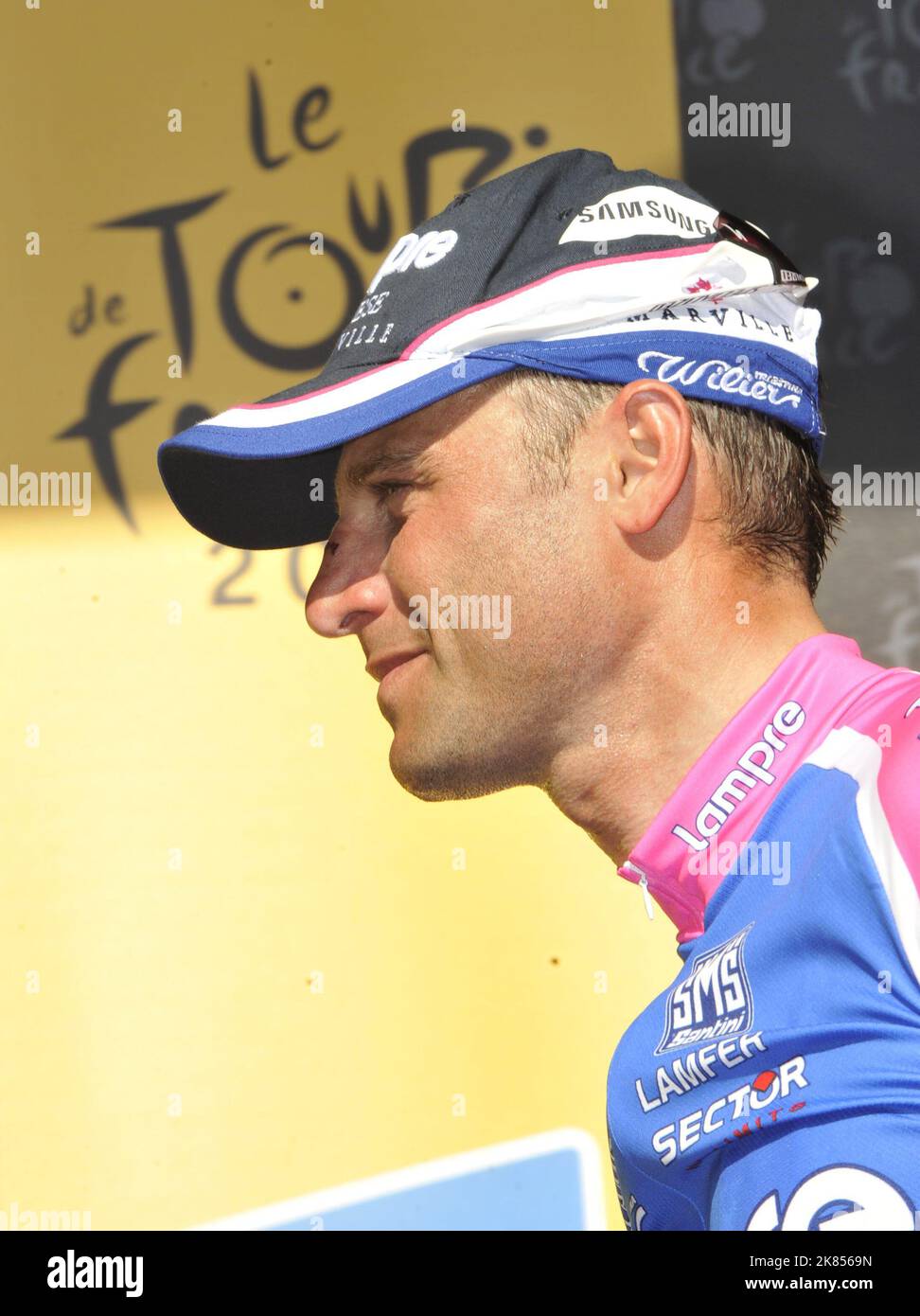 Lampre Farnese Vini's Alessandro Petacchi celebrates on the podium ...