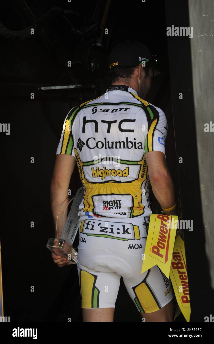 HTC Columbia's Mark Cavendish celebrates after crossing the finish line ...