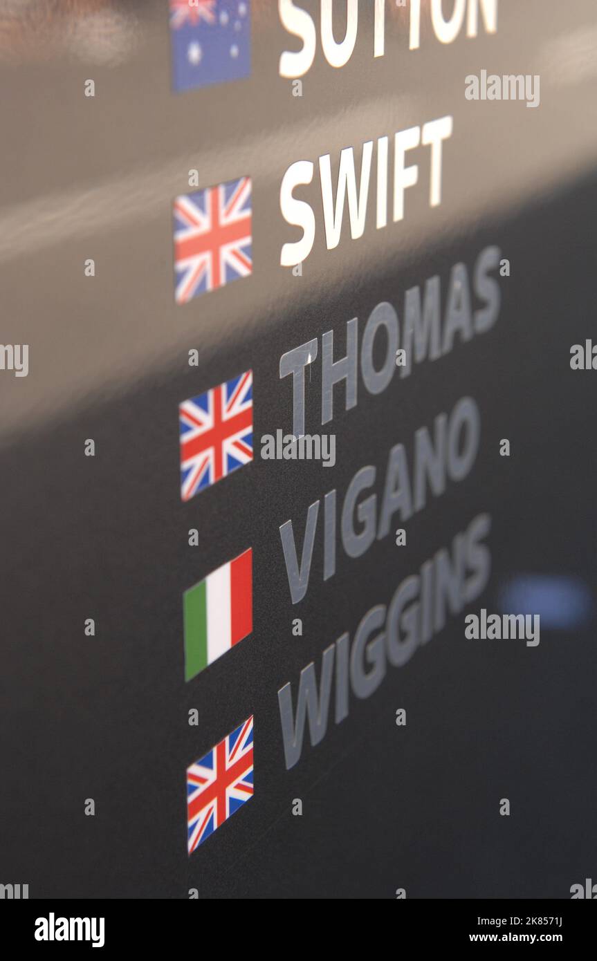 General view of team sky riders names on the door of their team bus ...