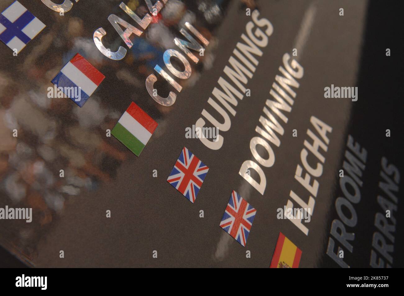 General view of team sky riders names on the door of their team bus ...