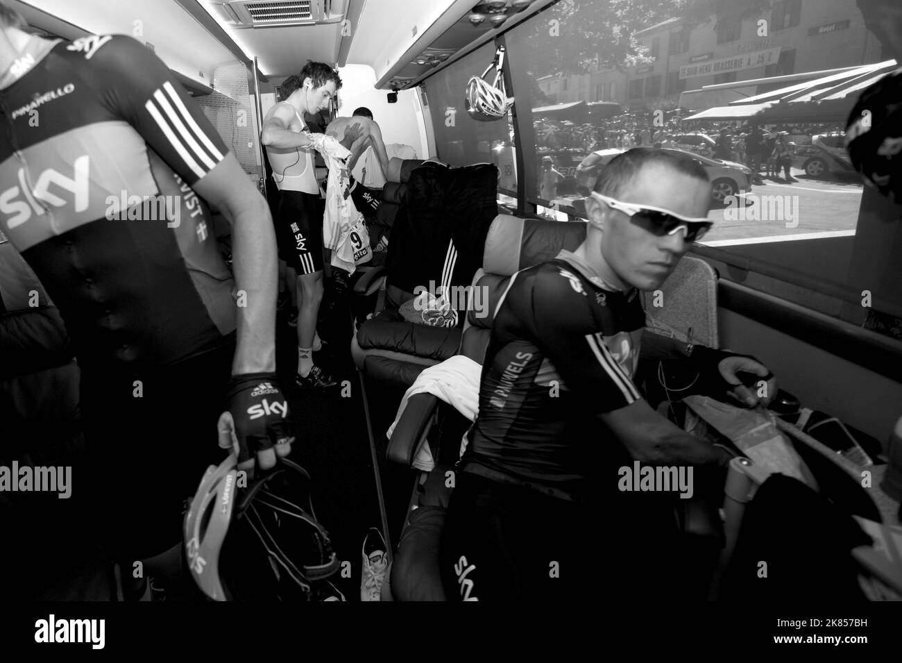 General view inside the team Sky Bus with Geraint Thomas (C) before the ...