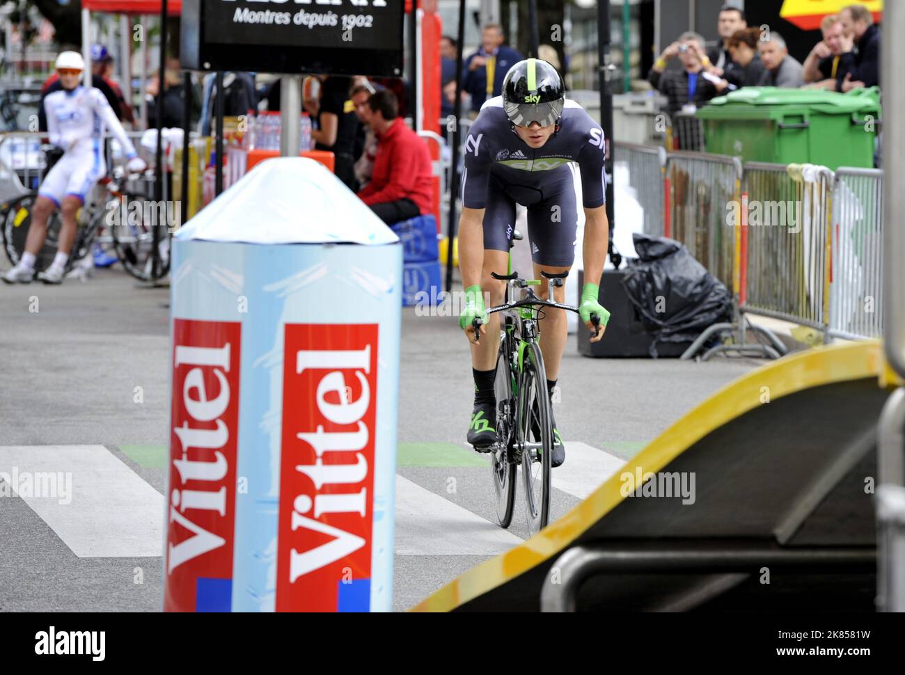 Team Sky's Ben Swift after arriving late for his time trial and overtaking Dmitry Muravyev on ...