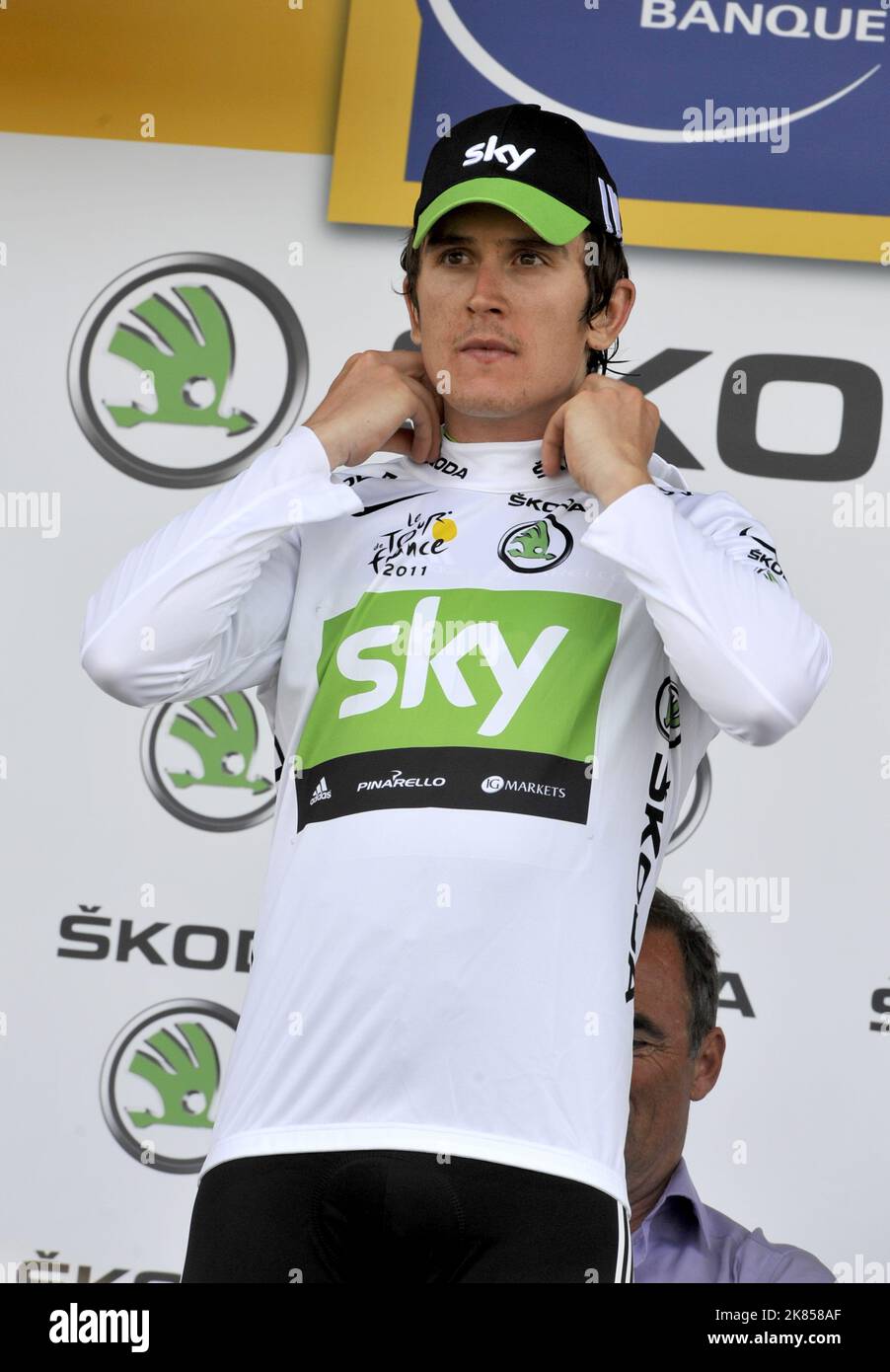 Team Sky's Geraint Thomas on the podium after retaining the Young ...