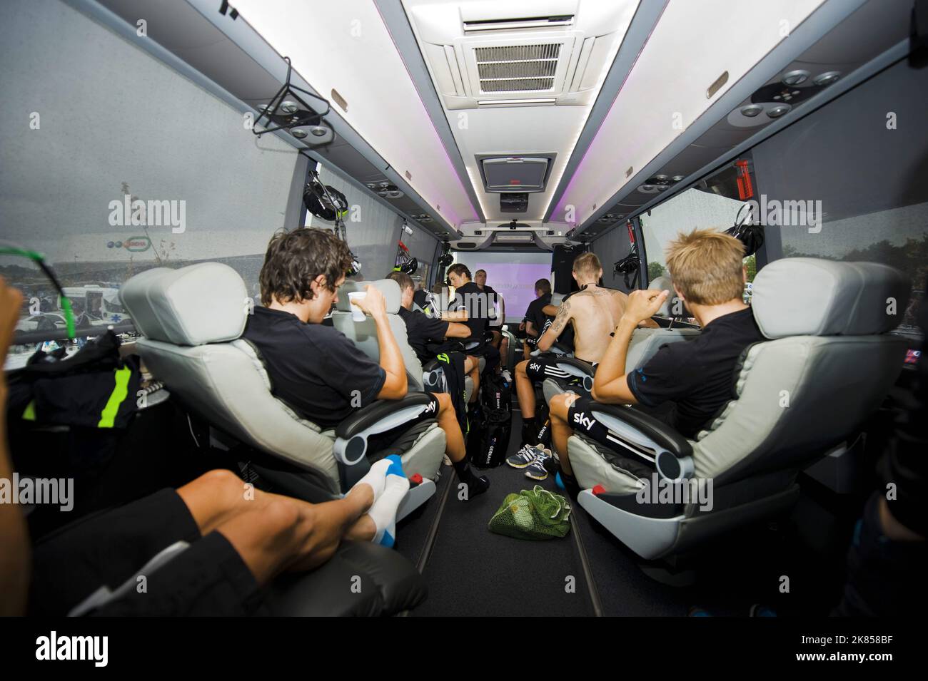 General view inside the Team Sky Bus before the start of stage 7 Stock ...