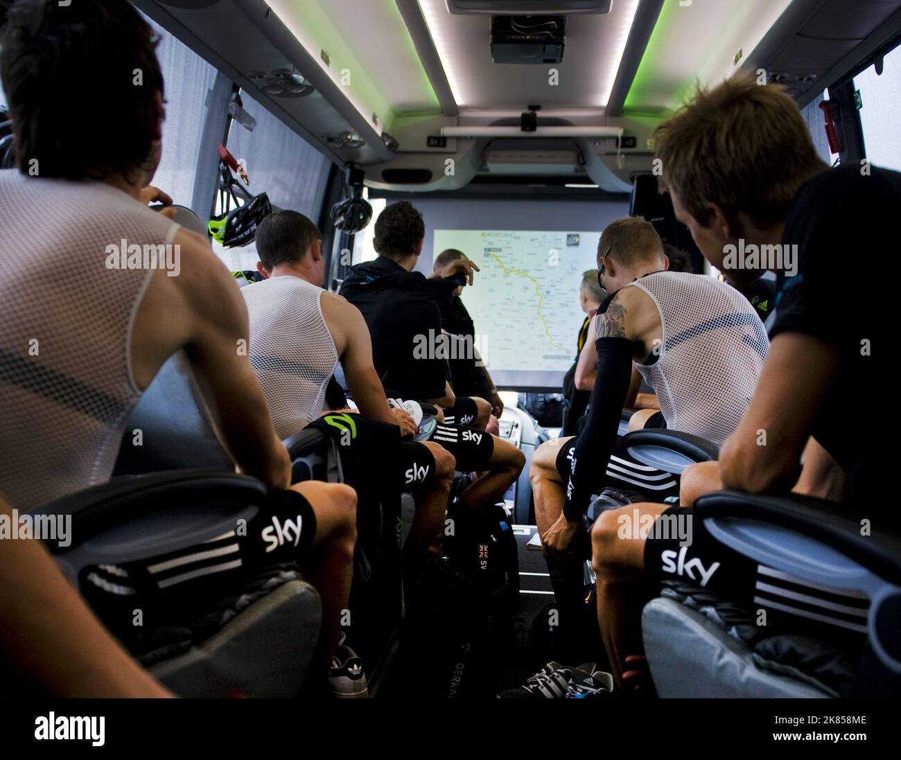 General view inside the Team Sky Bus before the start of stage 7 Stock ...