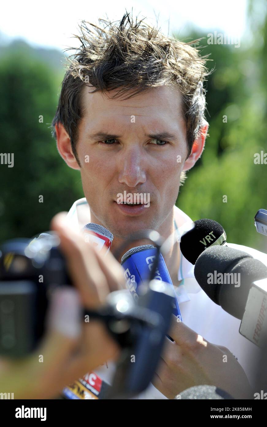 Team Leopard Trek's Frank Schleck during a press conference Stock Photo ...