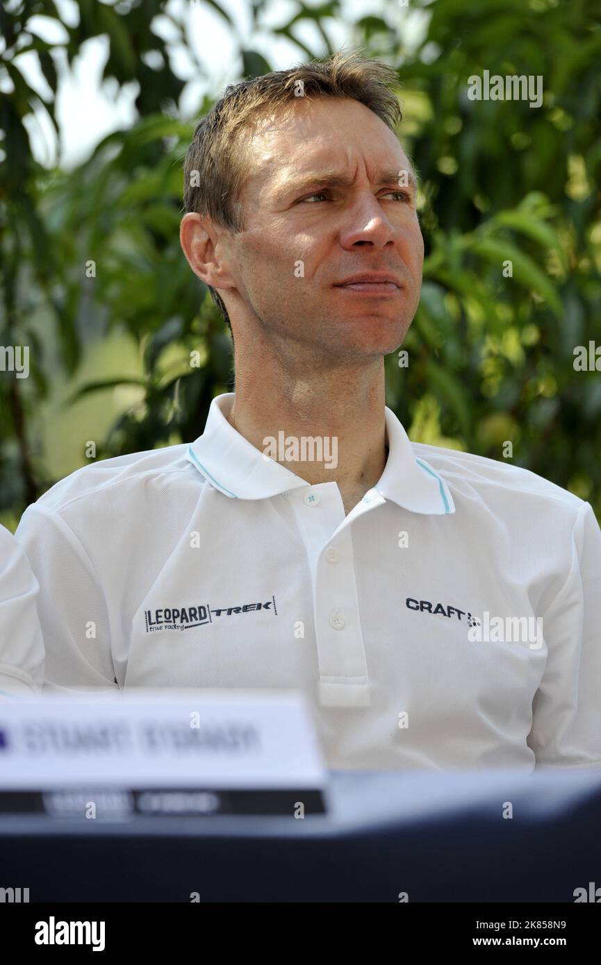 Team Leopard Trek's Jens Voigt during a press conference Stock Photo ...