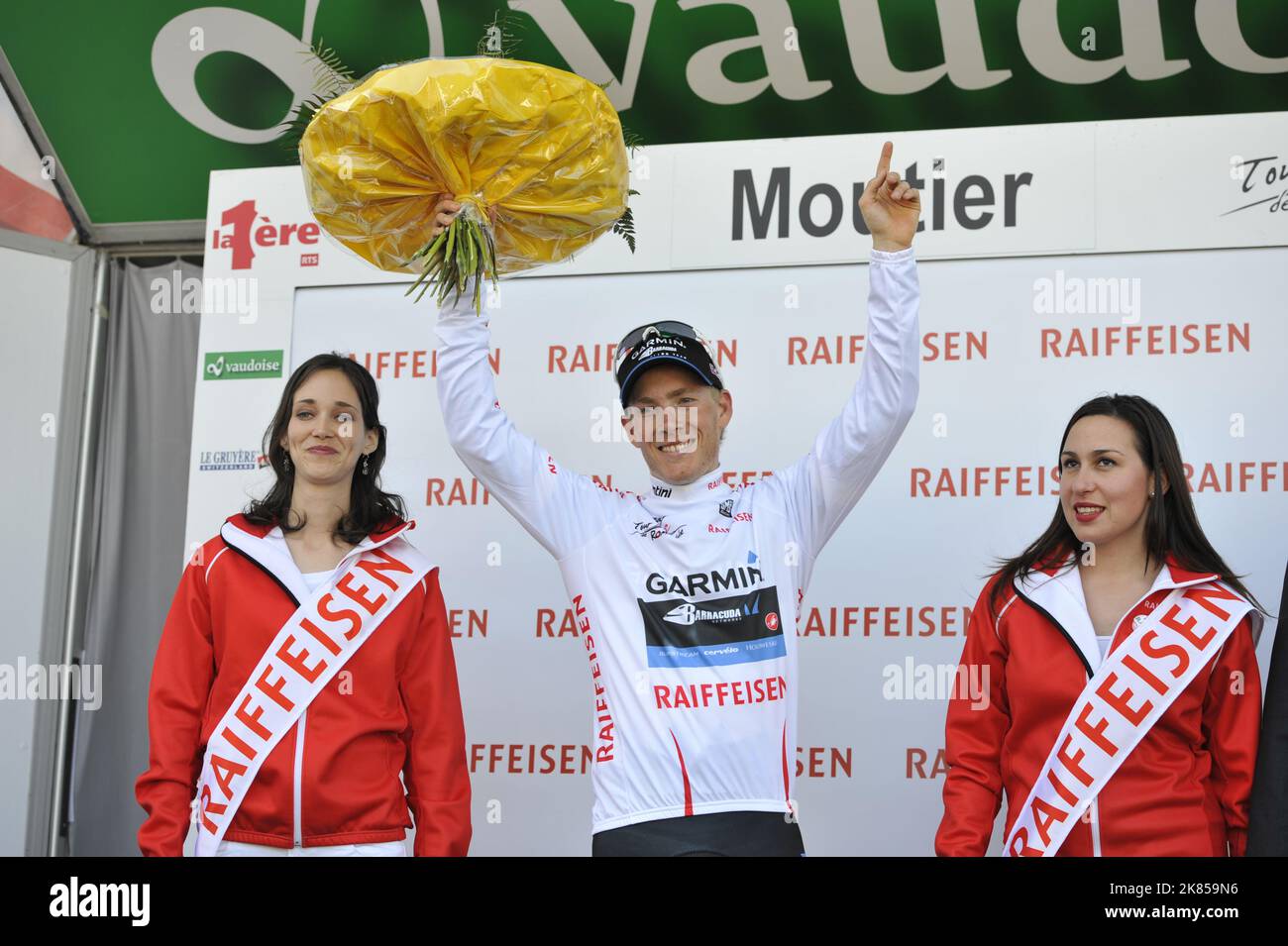 American Andrew Talansky of team Garmin Barracuda, stands on the podium ...