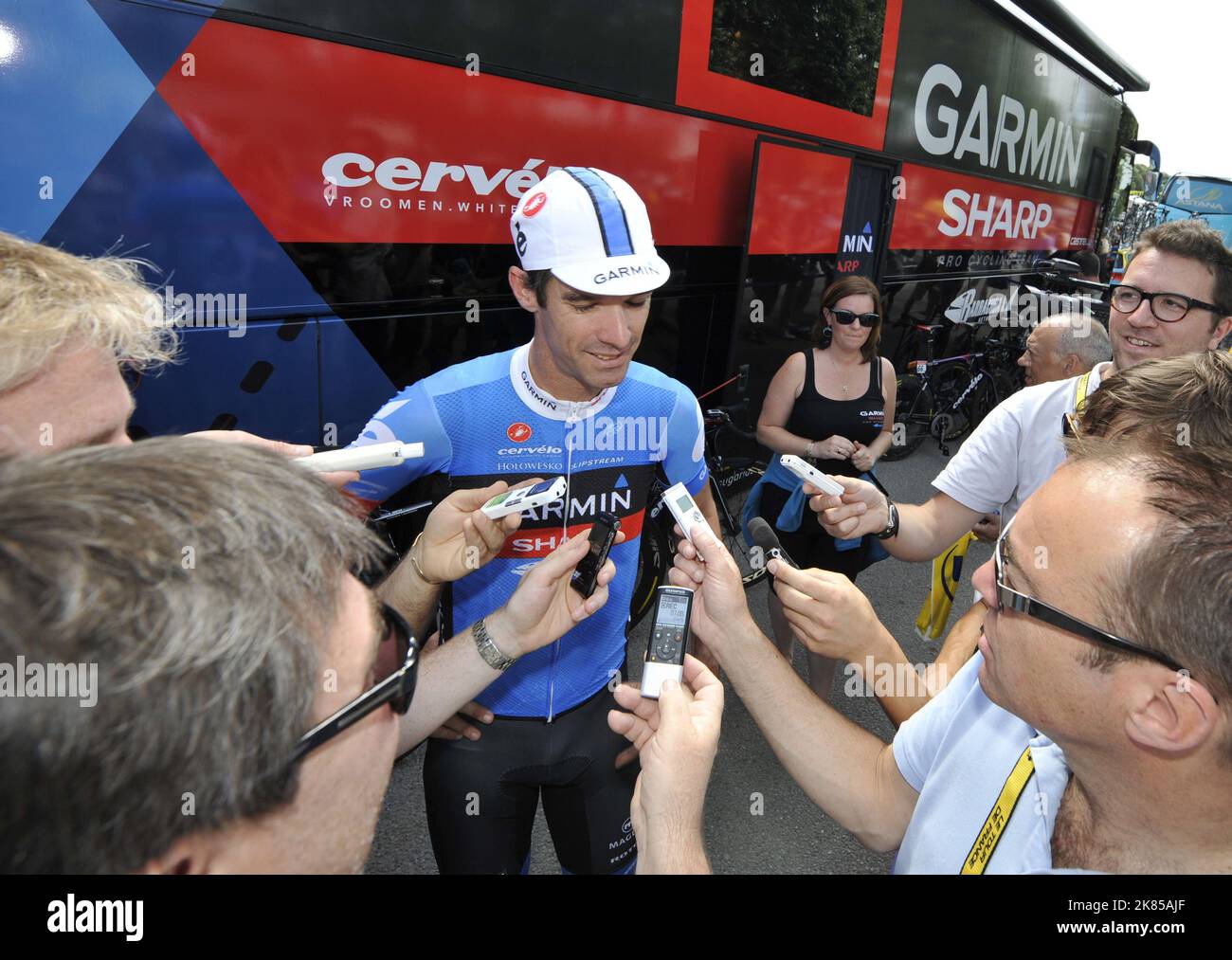 David Millar of Team Garmin Barracuda talks to the press outsie his ...
