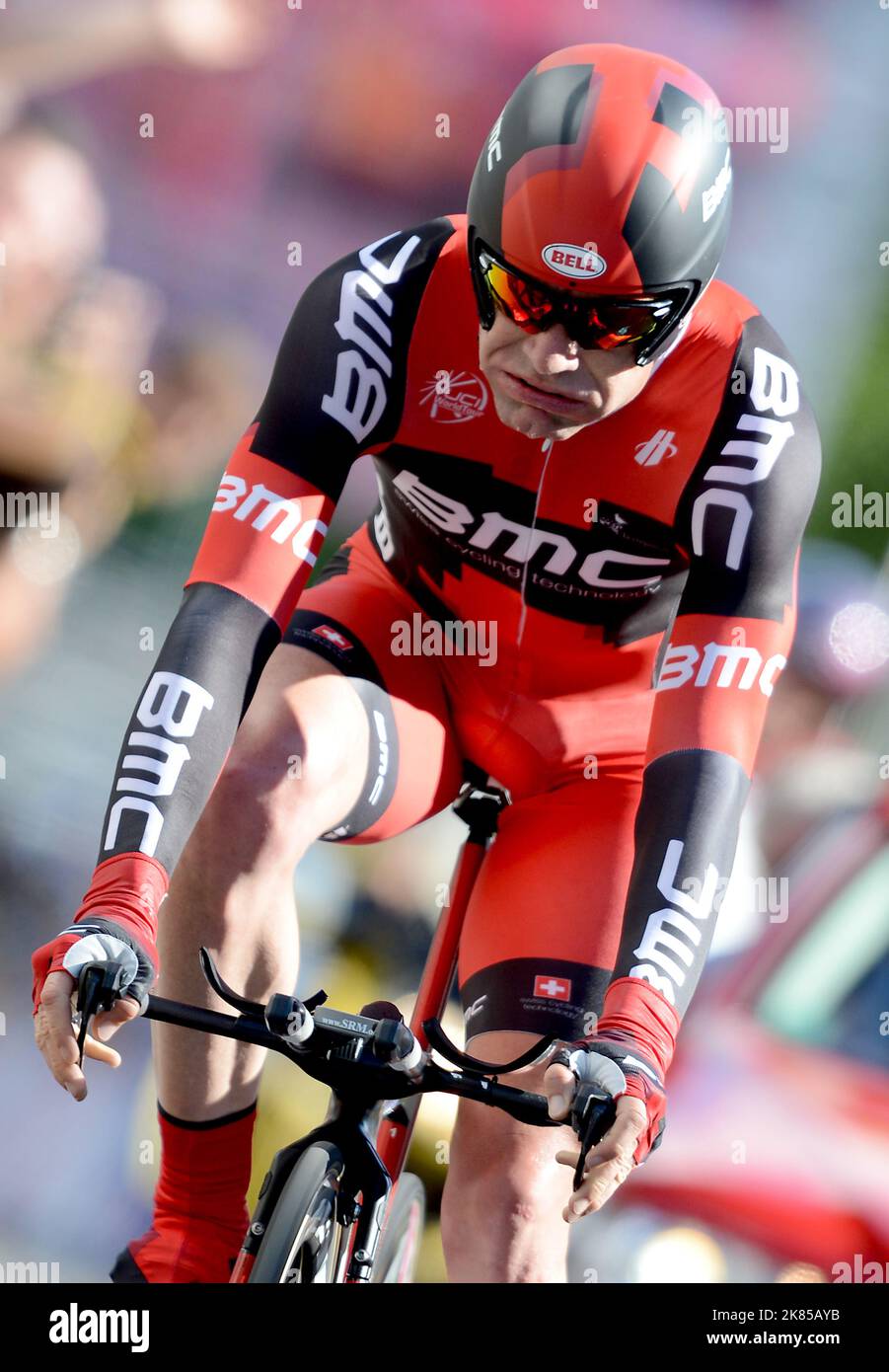 Cadel Evans of team BMC crosses the finish line in 13th place remaining ...