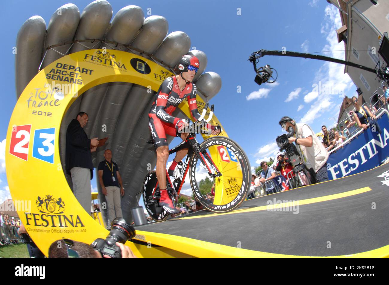 George Hincapie team BMC rolls off the starting ramp, Stage 9 Arc-Et ...