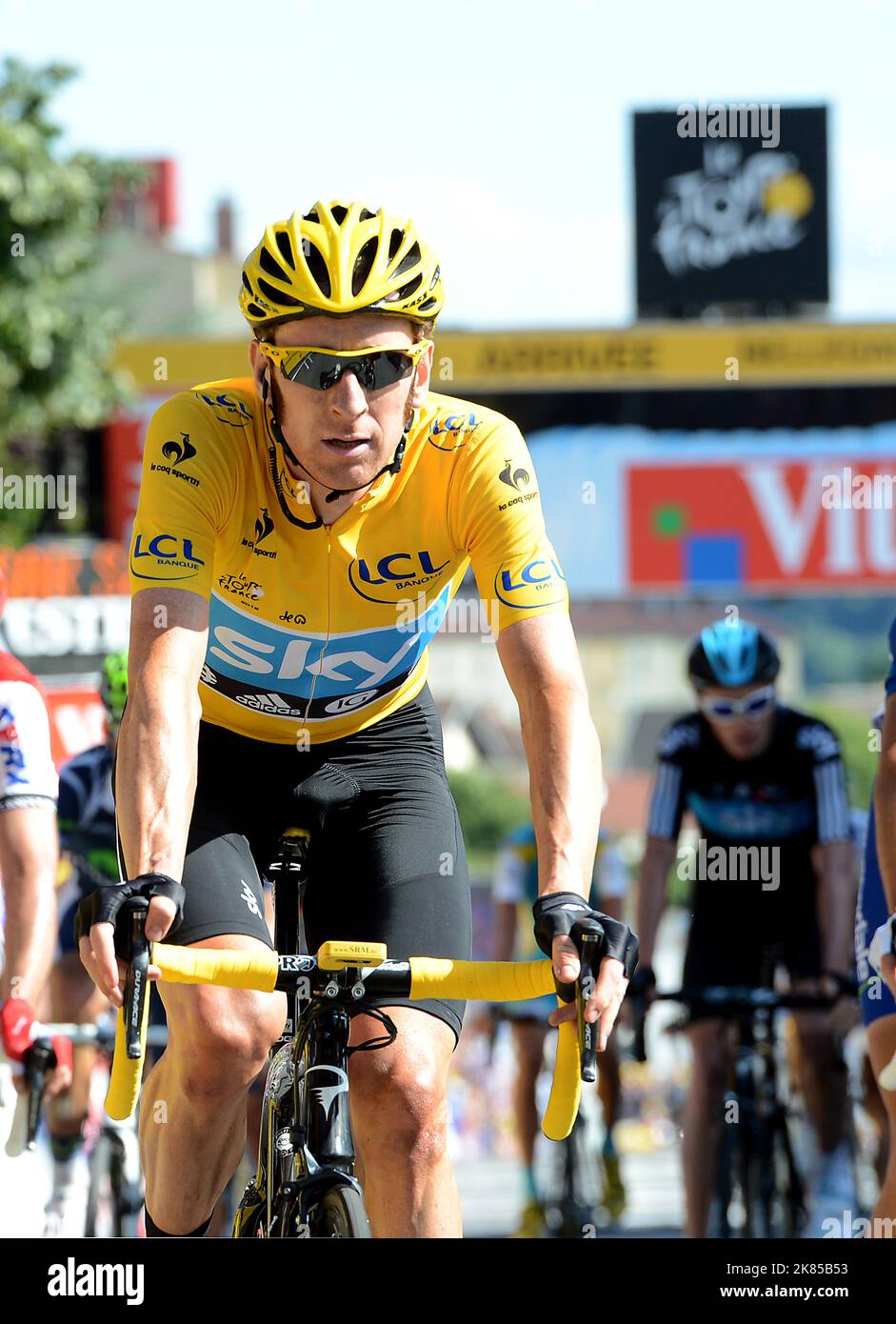 Bradley Wiggins of team Sky Procycling after crossing the finish line ...