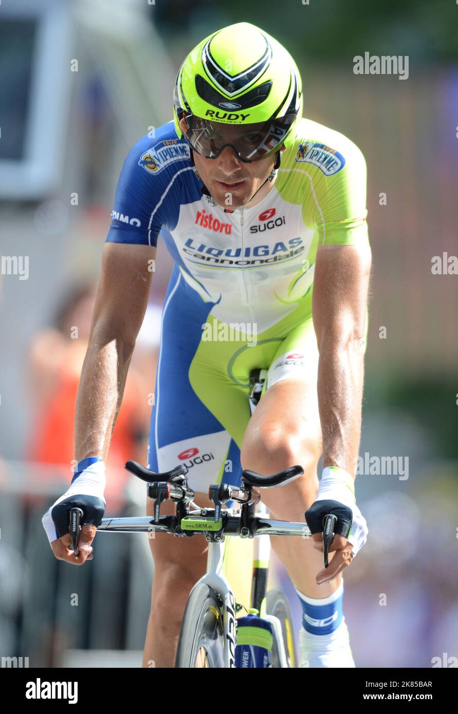 Ivan Basso team Liquigas crosses the finish line, Stage 9 Arc-Et-Senans to Besancon Tour de ...