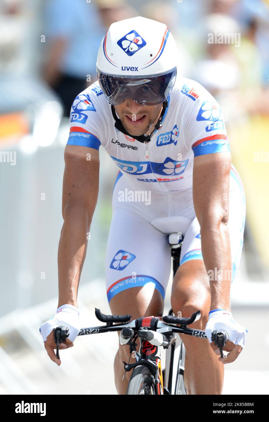 Sandy Casar team FDJ - Bigmat crosses the finish line, Stage 9 Arc-Et ...