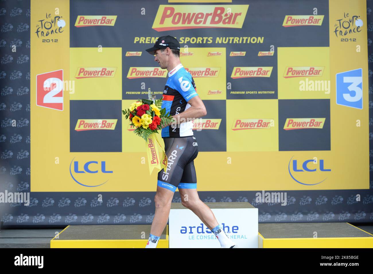 David Millar celebrates on the podium as he wins stage 12 Stock Photo ...