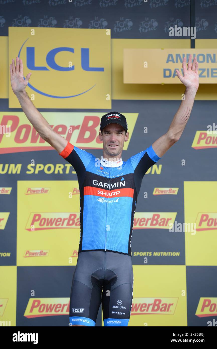 David Millar celebrates on the podium as he wins stage 12 Stock Photo ...