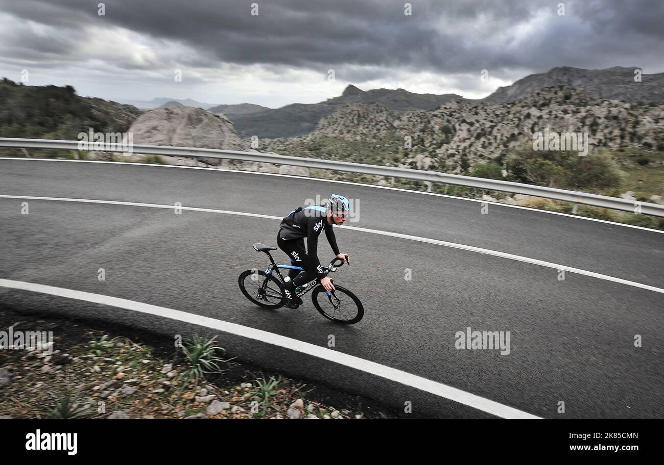 Christian Knees in their new Rapha team kit rides over the mountains at a training camp near ...