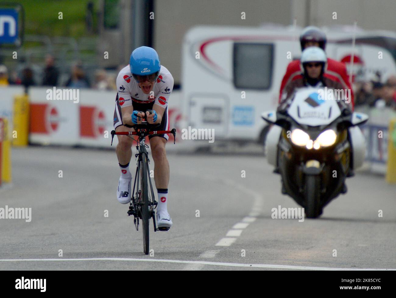 Andrew Talansky of team Garmin Sharp crosses the finish line to come ...