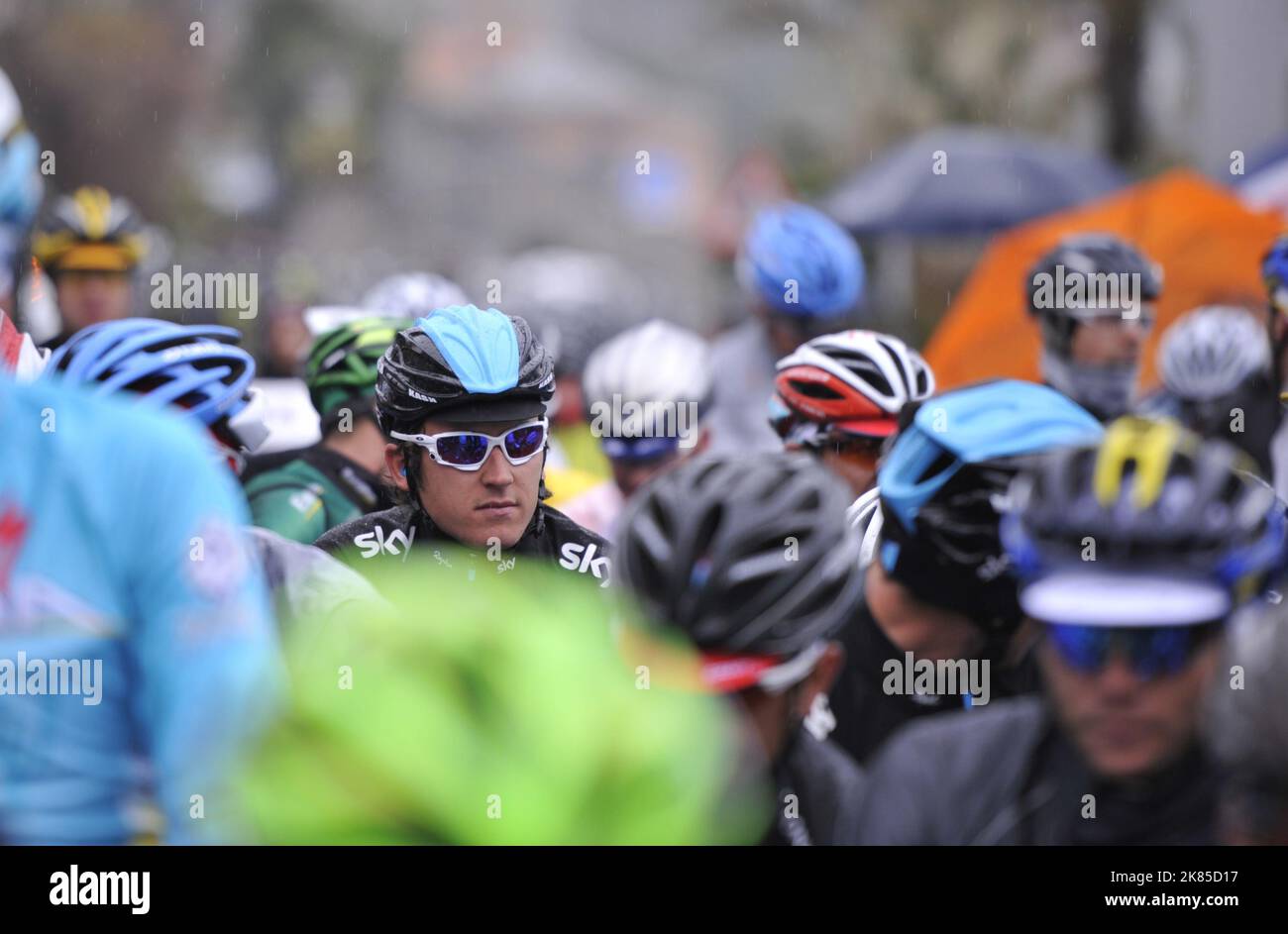 Geraint Thomas of team Sky Procycling sits on the second starting line ...
