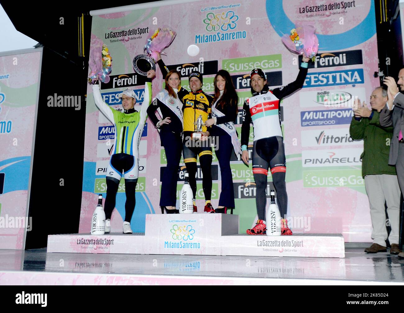 Gerald Ciolek (centre) of team MTN - Qhubeka stands on the podium after ...