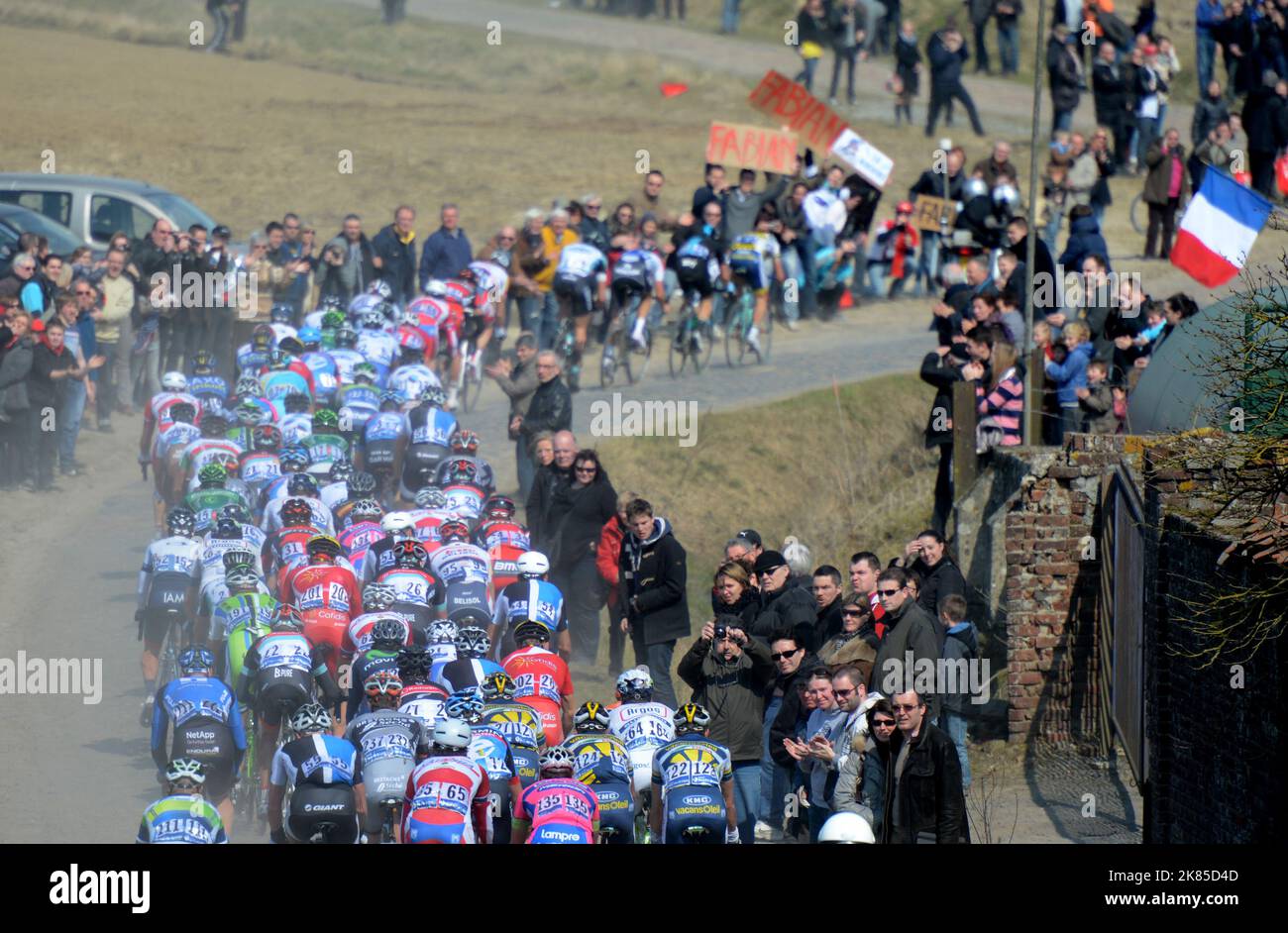 The peloton rides through the French countryside near Orchies in a ...