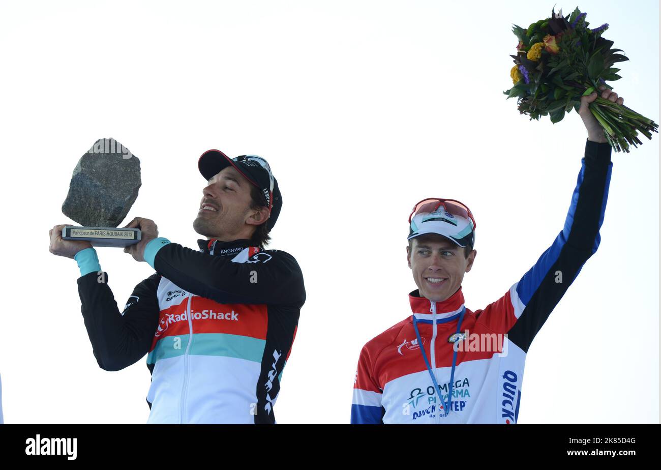 Fabian Cancellara of team Radioshack Leopard (left) wins Paris-Roubaix ...