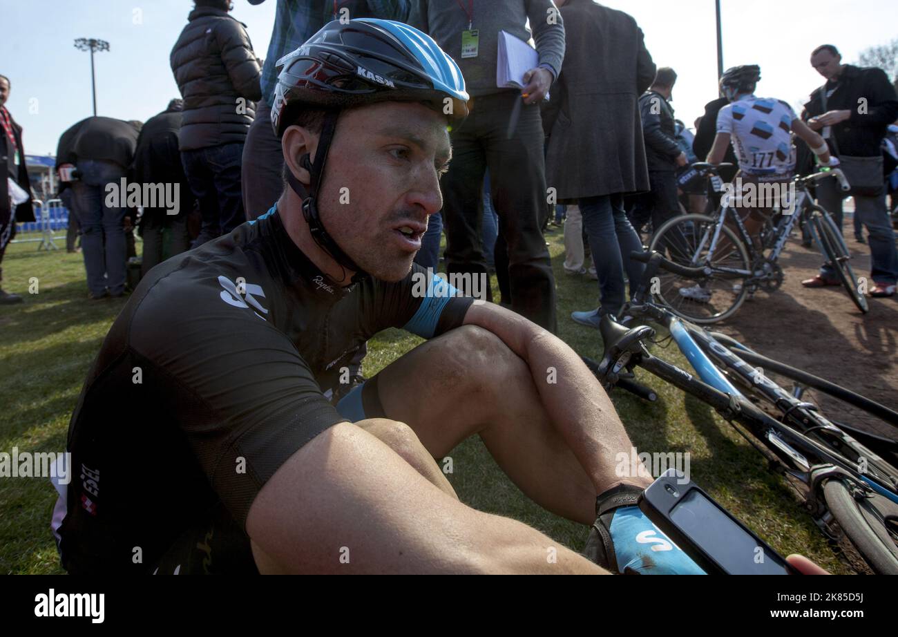 Bernhard Eisel of Team Sky Procycling giving a post race interview in ...